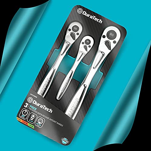 DURATECH 3-Piece Heavy Duty Ratchet Set, 1/4”, 3/8”, 1/2” Drive Ratchet Handle, Professional Ratchet Set, 90-Tooth, Quick-release Reversible, Premium Chrome Alloy Made, with EVA Organizer