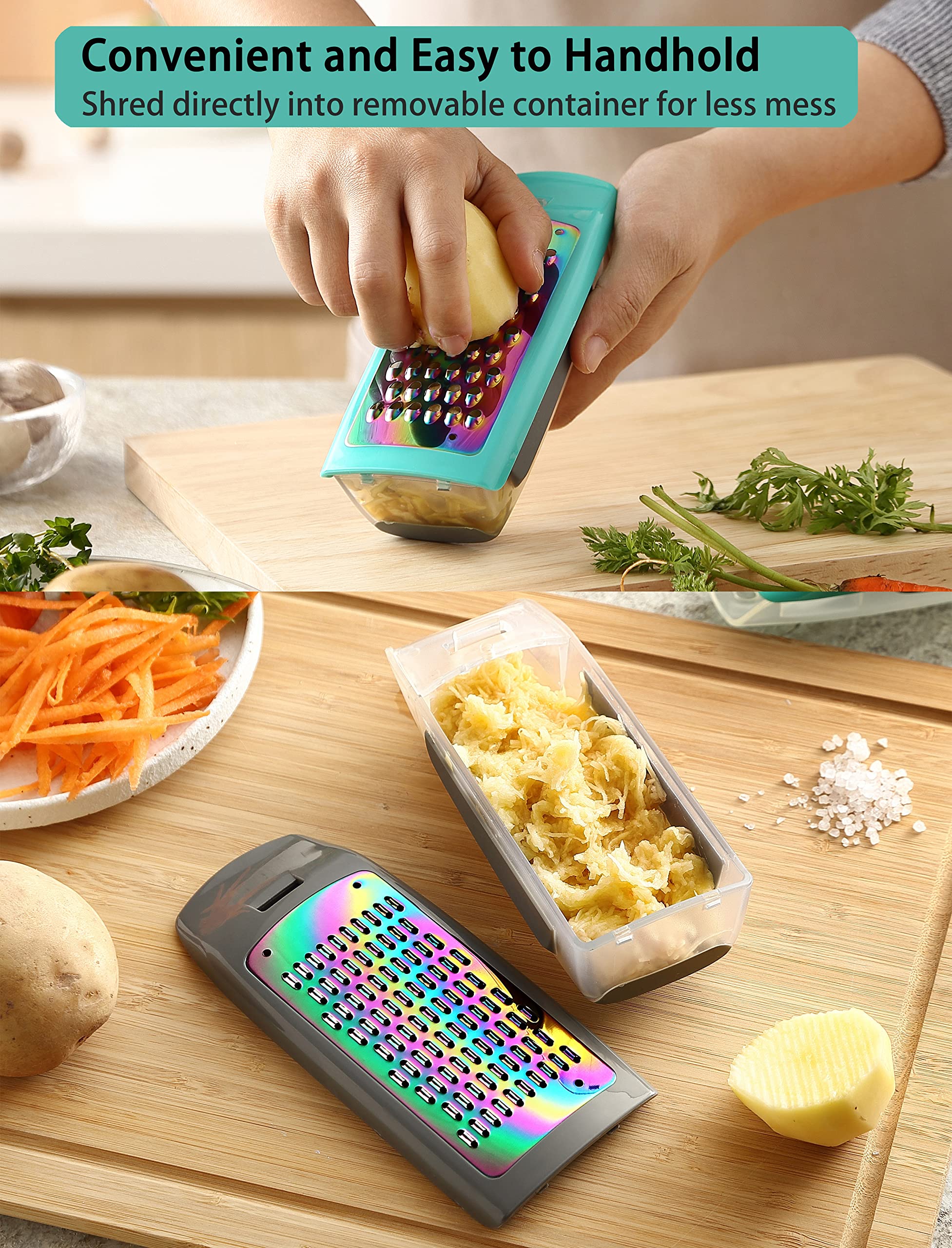 Marco Almond MA63 Graters for Kitchen + Marco Almond KYA47 Rainbow Titanium Serrated Stainless Steel Steak Knives Set of 8