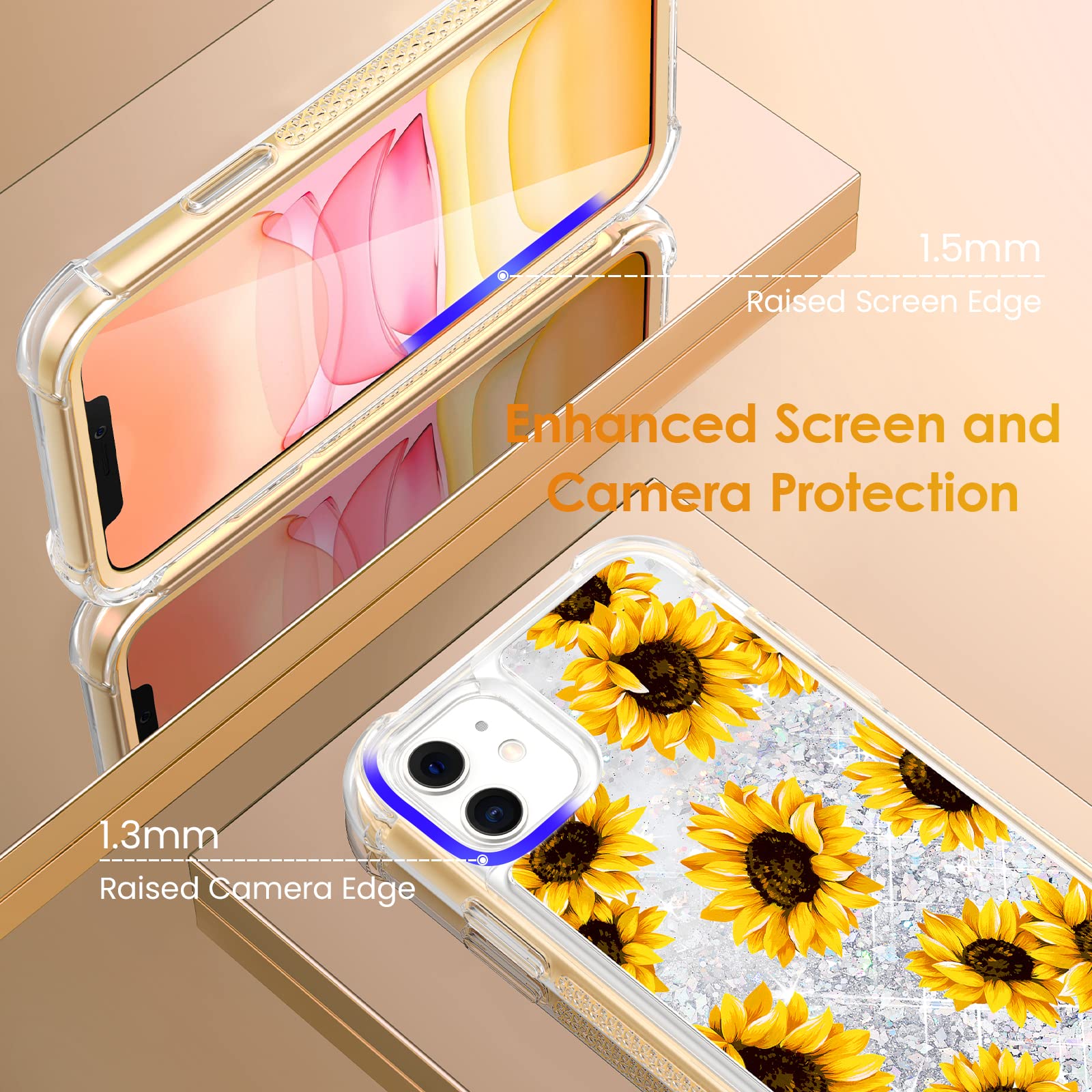 Caka Case for iPhone 11, iPhone 11 Phone Case with Screen Protector for Women Girls Girly Glitter Bling Full Body Protection Case Shockproof Rugged Case for iPhone 11 6.1 (Sunflower)