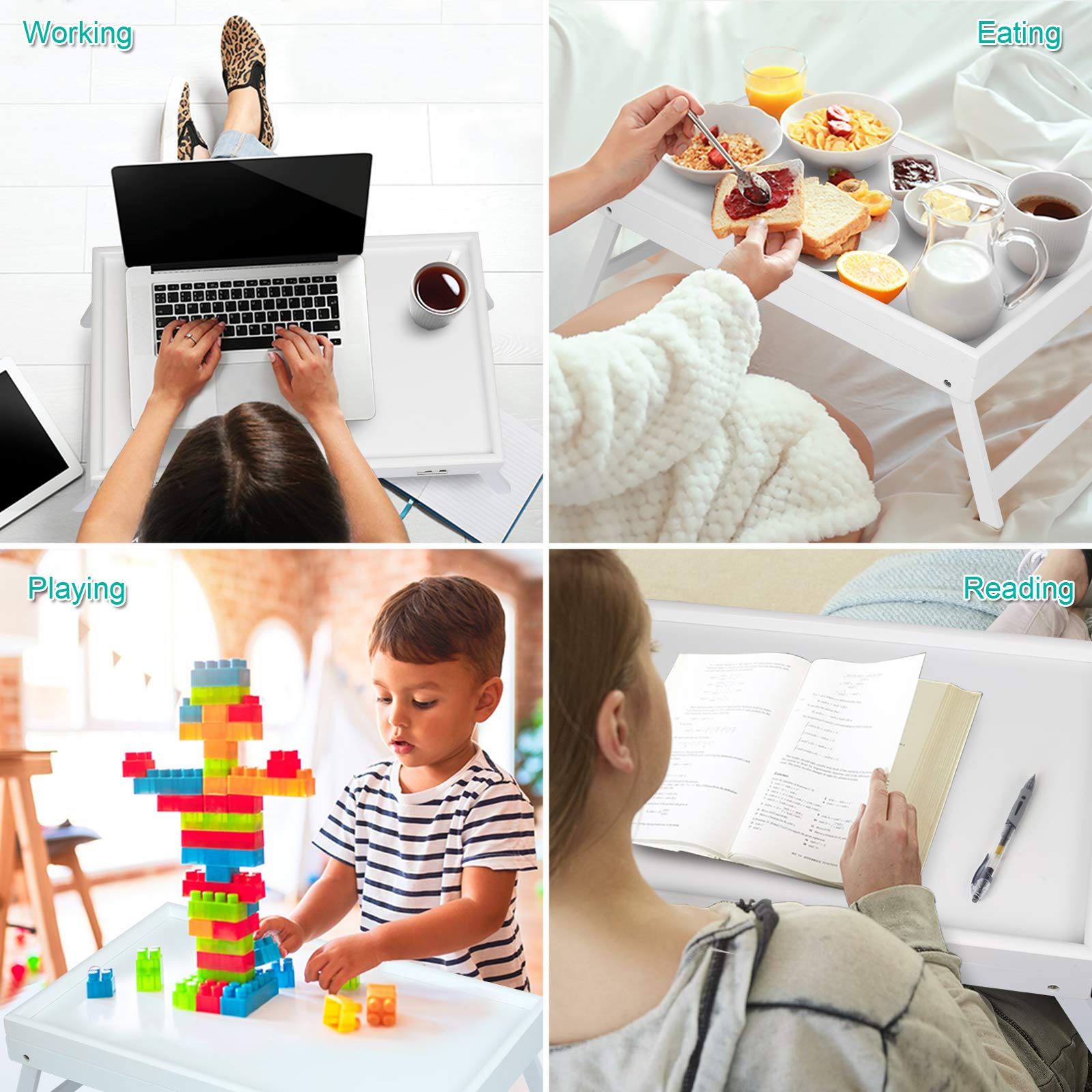 Bed Tray Table Breakfast Tray with Folding Legs Kitchen Food Serving Tray for Notebook Computer Bed Platters Lap Desk Snack Tray(White)