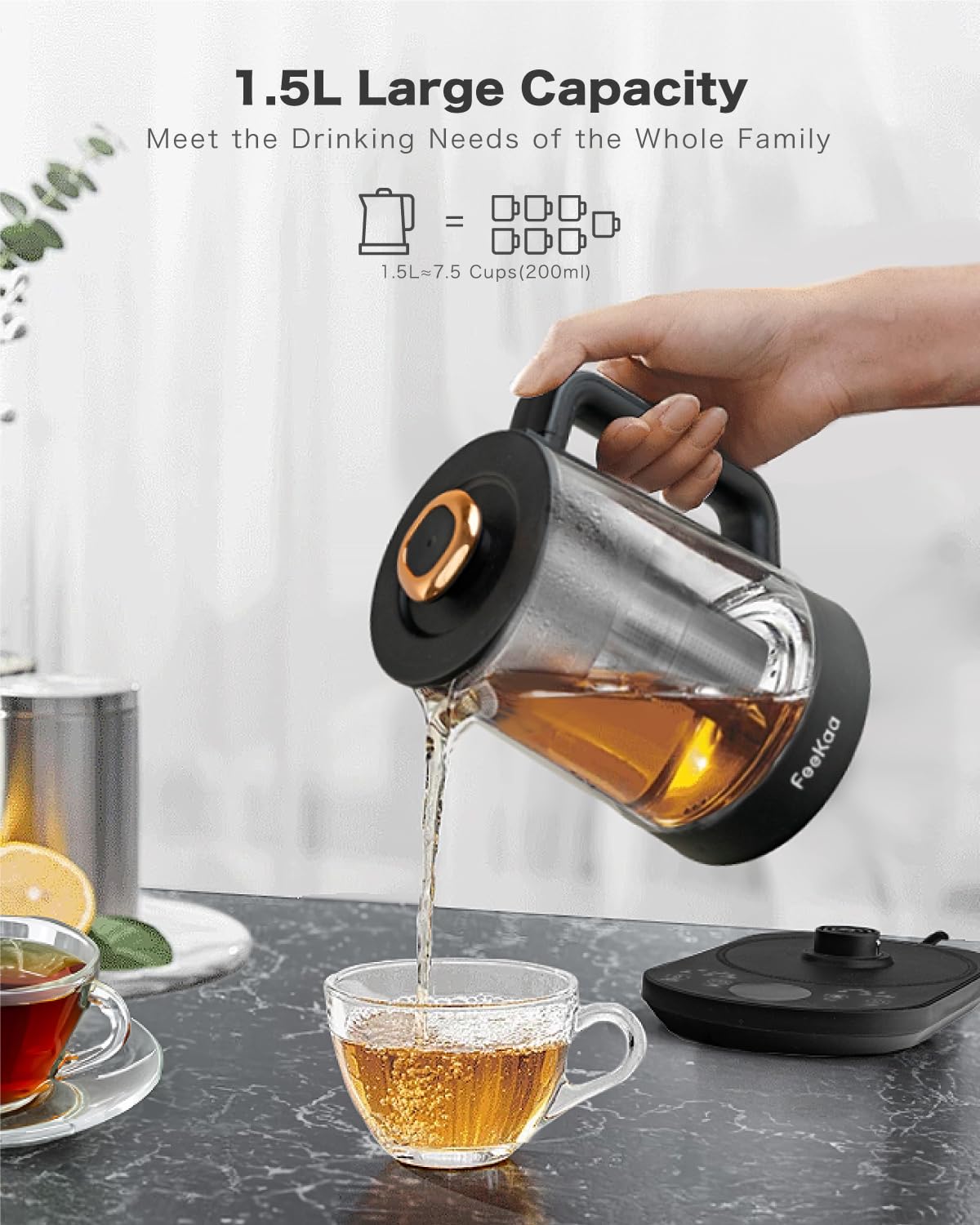 Feekaa Electric Tea Kettle, Tea Pot with Removable Infuser for Loose Leaf Tea, Tea Maker with Time &Temperature Control, Glass Health Pot, 10 Menus Tea/Coffee/Milk/Yogurt, 1.5L, Black