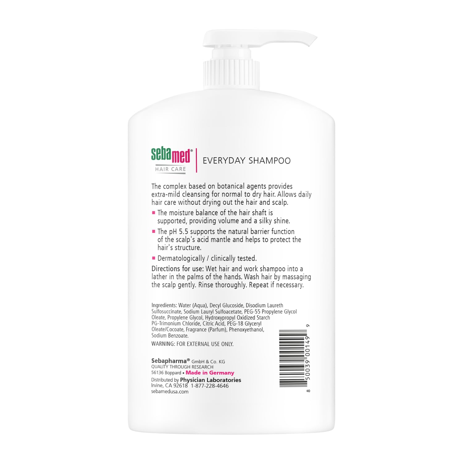 seba med Everyday Shampoo for All Hair Types and Sensitive Scalp 33.8 Fl. Oz (1L) Hypoallergenic Dermatologist Recommended pH 5.5 Soap and Alkali Free