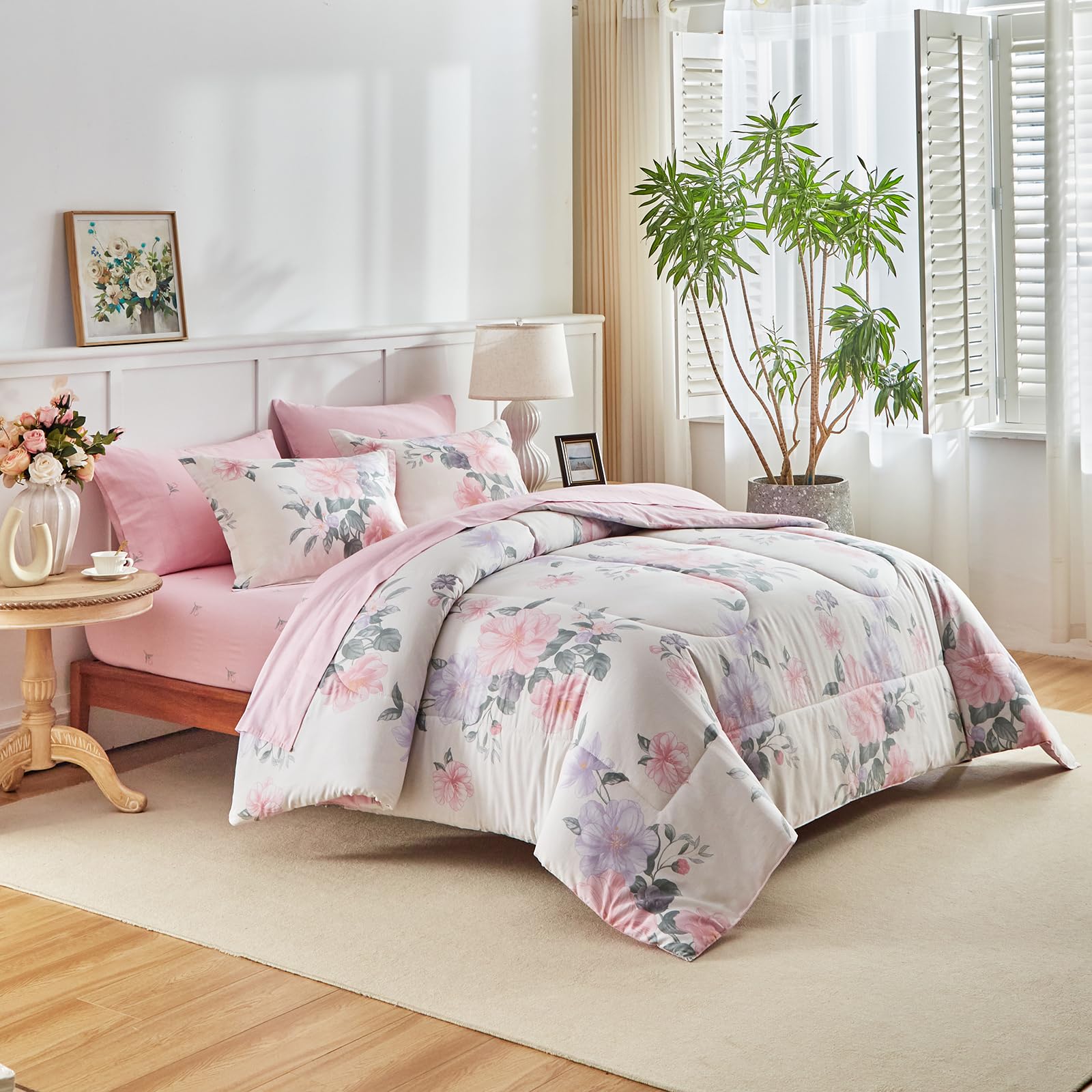 Botanical Bed in a Bag 7 Pieces King Size Cotton Comforter Sheet Set Gray Flowers Leaves Bedding Set (1 Comforter 2 Pillow Shams 1 Flat Sheet 1 Fitted Sheet 2 Pillowcases)
