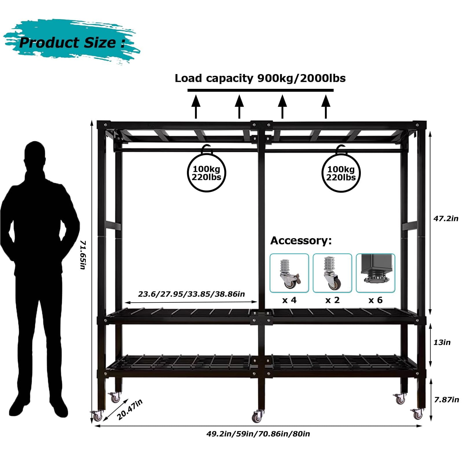 Foldable Clothe Rack with Wheel W/cover Load 2000lbs Heavy-duty Portable Wardrobe for Bedroom Armoires Freestanding Clothing Coat Storage Rack rolling Garment Rack for Hanging Clothes (150CM/59IN)
