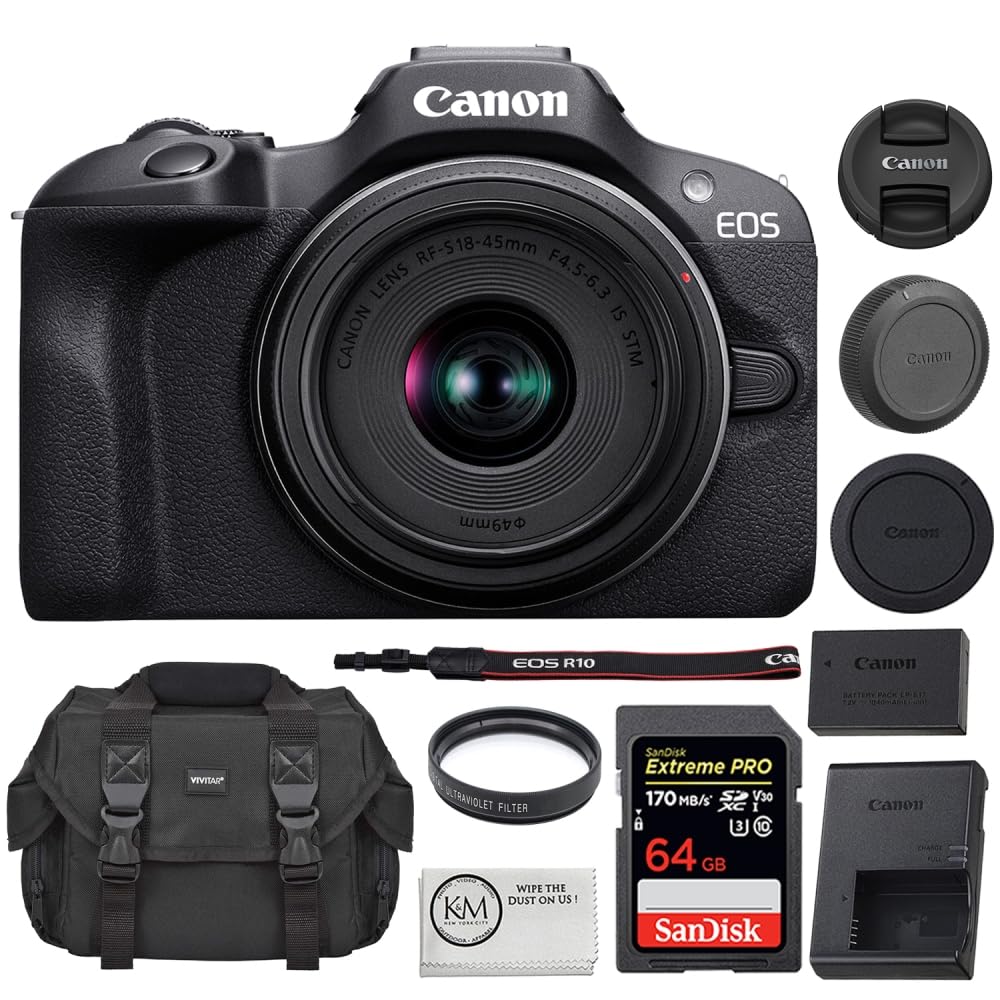 Canon EOS R100 Mirrorless Camera with 18-45mm Lens Bundled with 64GB Memory Card + 49mm UV Filter + Microfiber Cleaning Cloth + Digital Camera Case (5 Items)