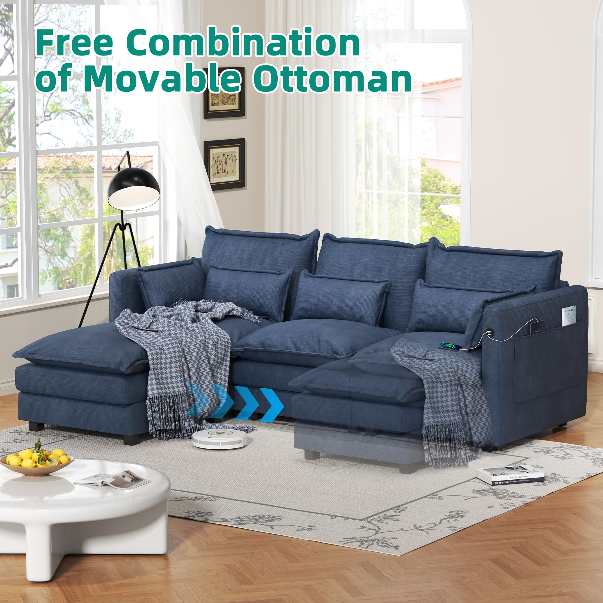 EDWELL Modular Sectional Sofa, Convertible L Shaped Couches Set with USB & Type-C Ports, Modern 3-Seater Comfy Cloud Couch with Moveable Ottoman for Living Room, DIY Combination, Blue