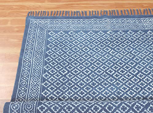 Indigo Blue Rug for Bathroom Handmade Cotton Durries Boho Kilim Rug Flat Weave Indoor Floor Decorative Rugs for Balcony Lounge Floor Bedroom Balcony