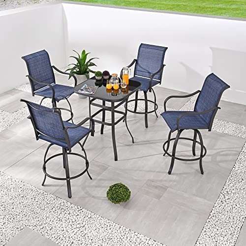 LOKATSE HOME 5 Piece Patio Dining Set Tesling Swivel Chairs with Glass Square Table Outdoor Furniture Bistro Rotating Stools for Poolside, Cafe, Porch, Chic Bar, Blue
