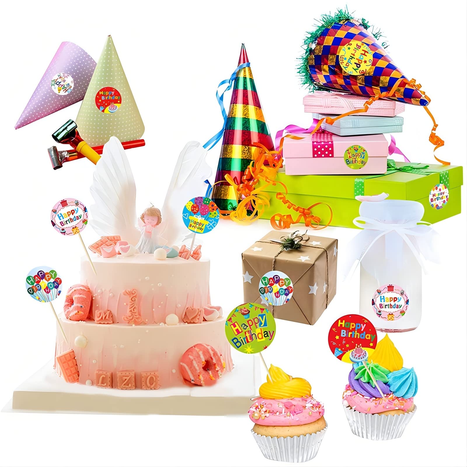 Hokoad Happy Birthday Stickers Seals 1" 500Pcs in 1Roll for Birthday Décor Party Supplies School Cards Sealing, 8 Designs Envelope Sealing Gift Wrap (1inch, D)