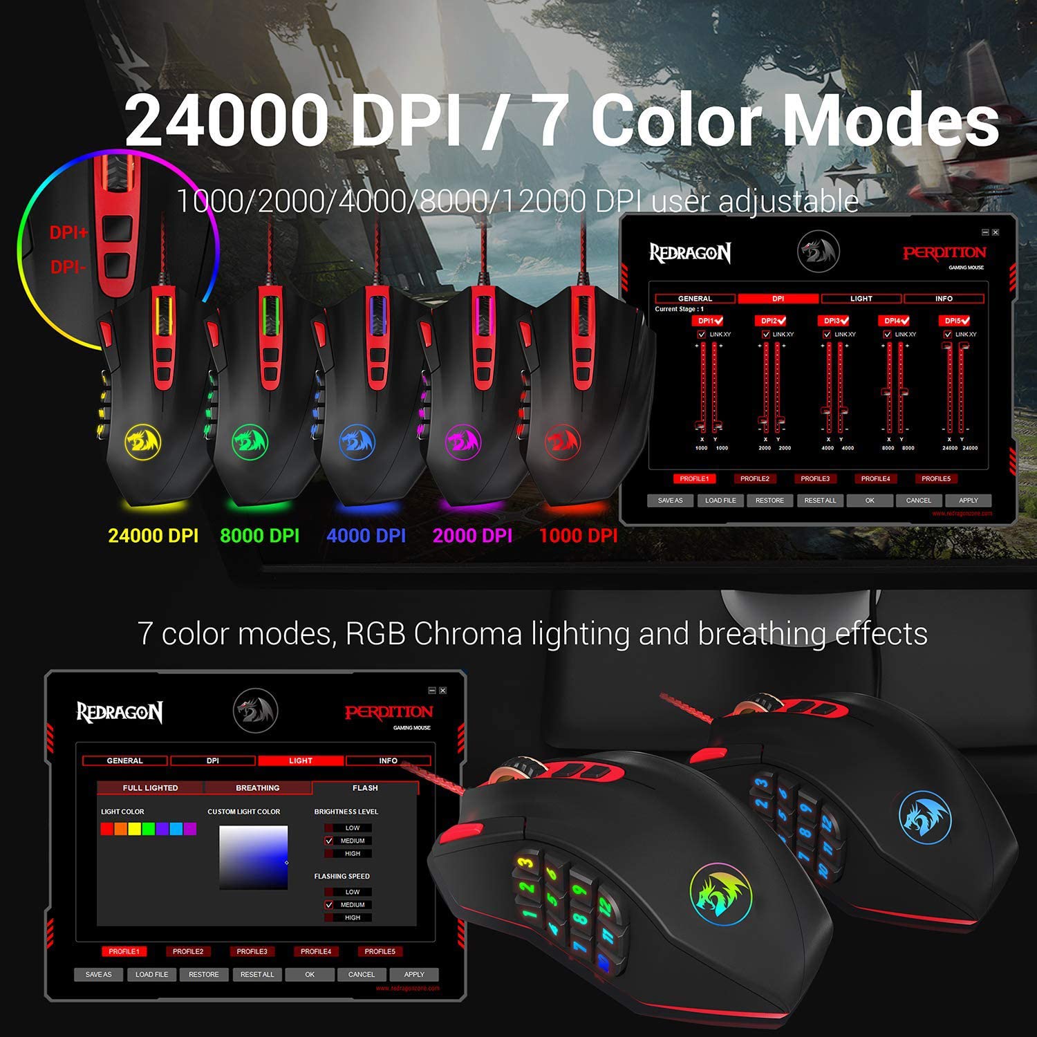 Redragon M901-1 Perdition MMO Gaming Mouse, LED RGB Backlight, 24000 DPI, 18 Programmable Buttons, Ergonomic Design, Wired USB Connection, Black