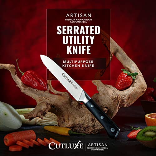 Cutluxe Serrated Kitchen Utility Knife, 5" Tomato Knife β Forged High Carbon German Steel β Full Tang & Razor Sharp β Ergonomic Handle Design β Artisan Series