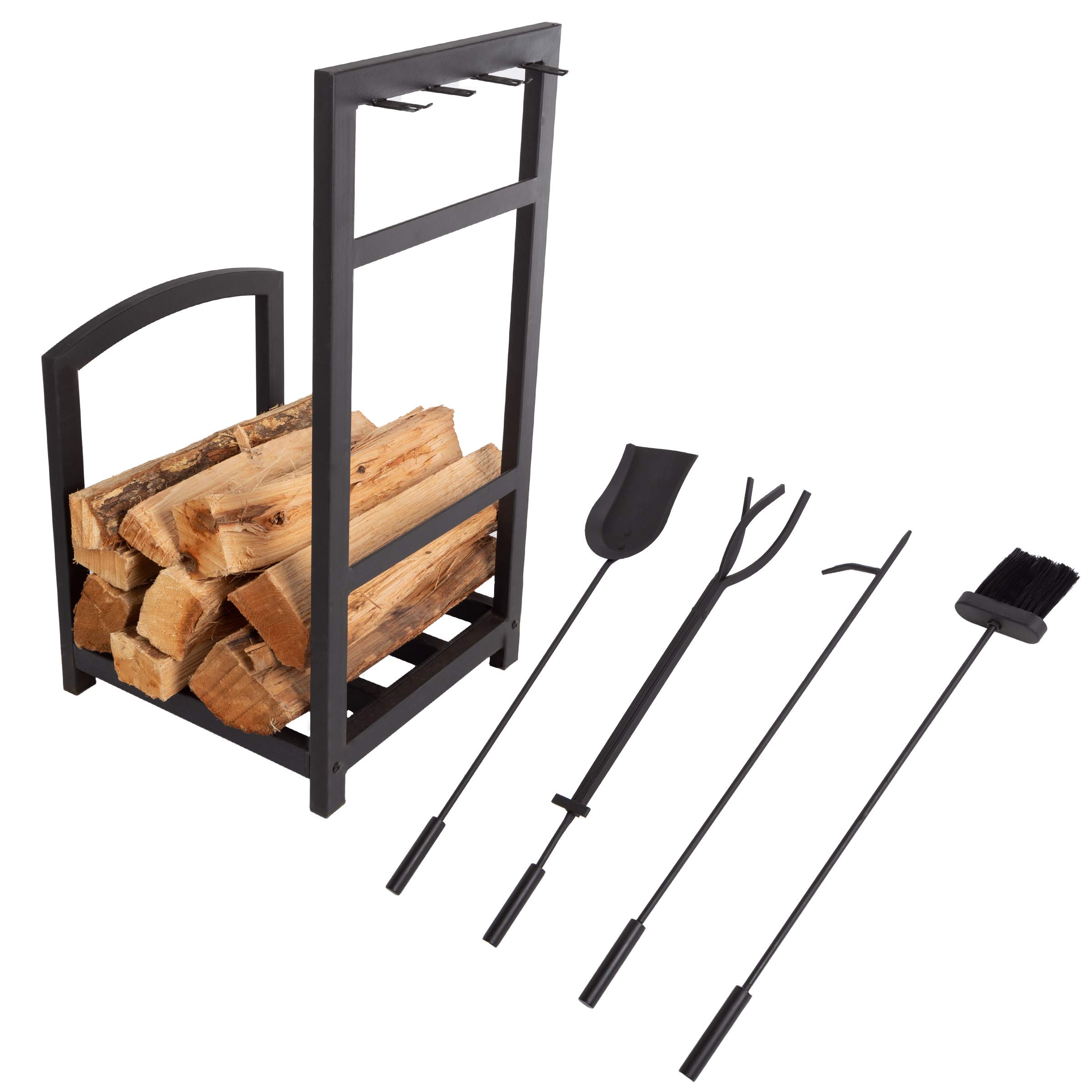 Lavish Home 5-Piece Fireplace Tool Set and Log Rack - Mission-Style Firewood Holder with Shovel, Broom, Tongs, and Poker for Hearth (Matte Black)