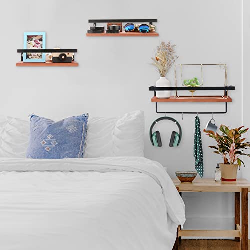 SARORRA Floating Shelves Set of 3, Bathroom Shelf with Towel Bar, Wall Mounted Rustic Wood Decor Shelves for Books, Wall Shelf with Metal Frame for Bedroom, Office, Kitchen