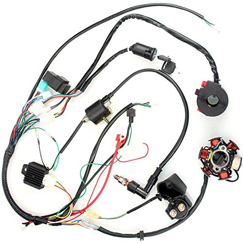 Quad Wire Harness Complete Electrics Stator Coil CDI Wiring Harness Solenoid Relay Spark Plug for 4 Wheelers Stroke ATV 50cc 70cc 90cc 110cc 125cc Pit Quad Dirt Buggy Bike Go Kart Parts