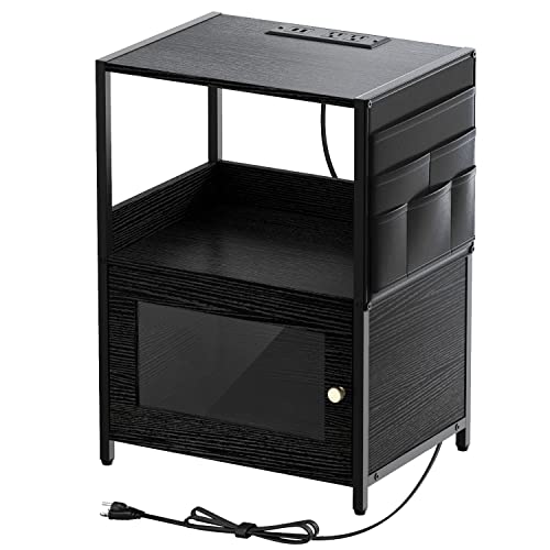 SAUCE ZHAN End Table with Charging Station, Nightstand with USB Ports and Outlets, Fabric Bags, Bedside Table for Small Space Side Table with Storage Drawer for Living Room, Bedroom, Office, Black