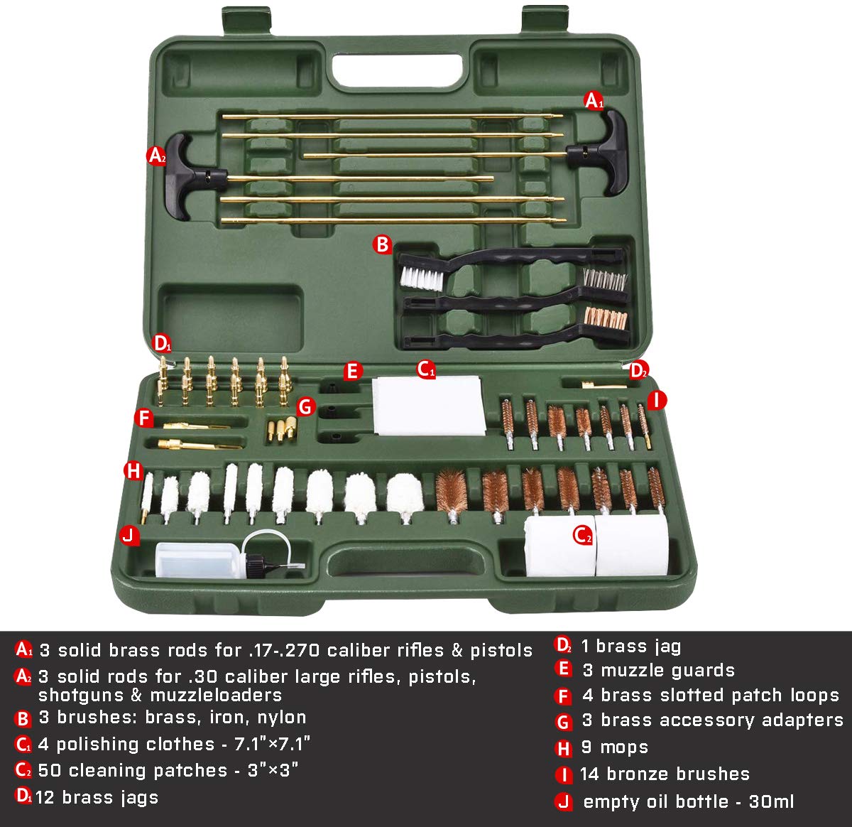 BROWNTC Universal Gun Cleaning Kit Hunting Rifle Pistol Shotgun Cleaning Kit for All Guns/CNC Precision Machined-Solid Brass Jags & Slotted Tips with Green Case