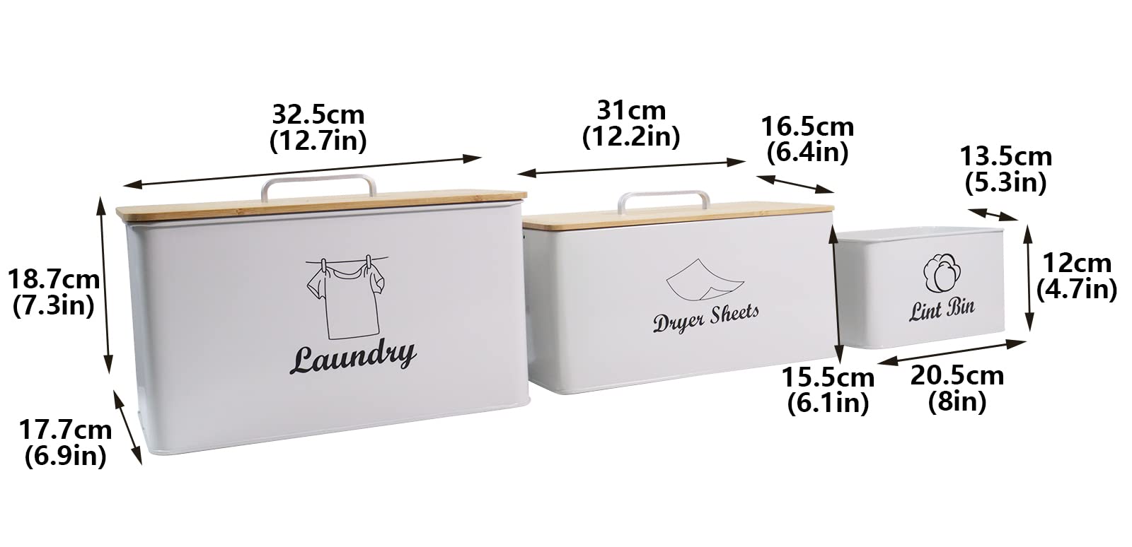 Gdfjiy 3-in-1 Set for Laundry Room Organization, Laundry Powder Container Dryer Sheet Holder & Lint Bin, Dryer Sheet Dispenser Metal Laundry Pods Holder Airtight Lid, Laundry Room Decor - White