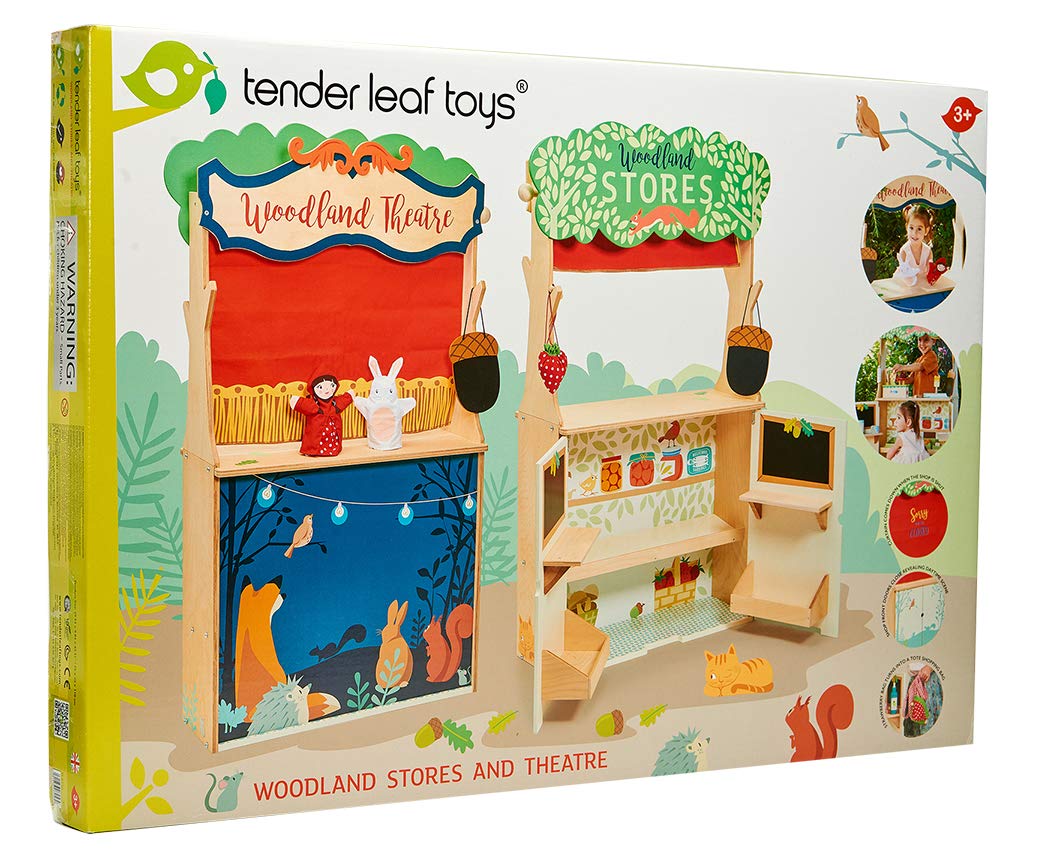 Tender Leaf Toys Woodland Store and Puppet Theater – 2 Sided Reversible Grocery Stand and Hand Puppeteer Stage - Social, Creative, and Imaginative Development – Expressive Role Play – Ages 3 Years +