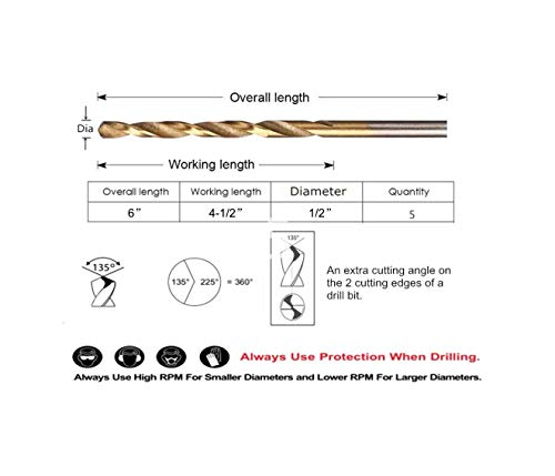 DRILLFORCE (5 Pcs) 1/2 in. x 6 in. HSS Titanium Coated Drill Bits, Jobber Length, Straight Shank, Metal Drill for General Purpose (1/2)