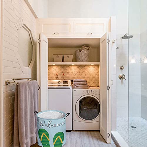 Laundry Basket Hamper with Handles, Cartoon Summer Flip Flop Waterproof Laundry Bin Foldable Clothes Basket for Storage Toys and Clothing Text Welcome Blue Backdrop 16.5x17 Inch