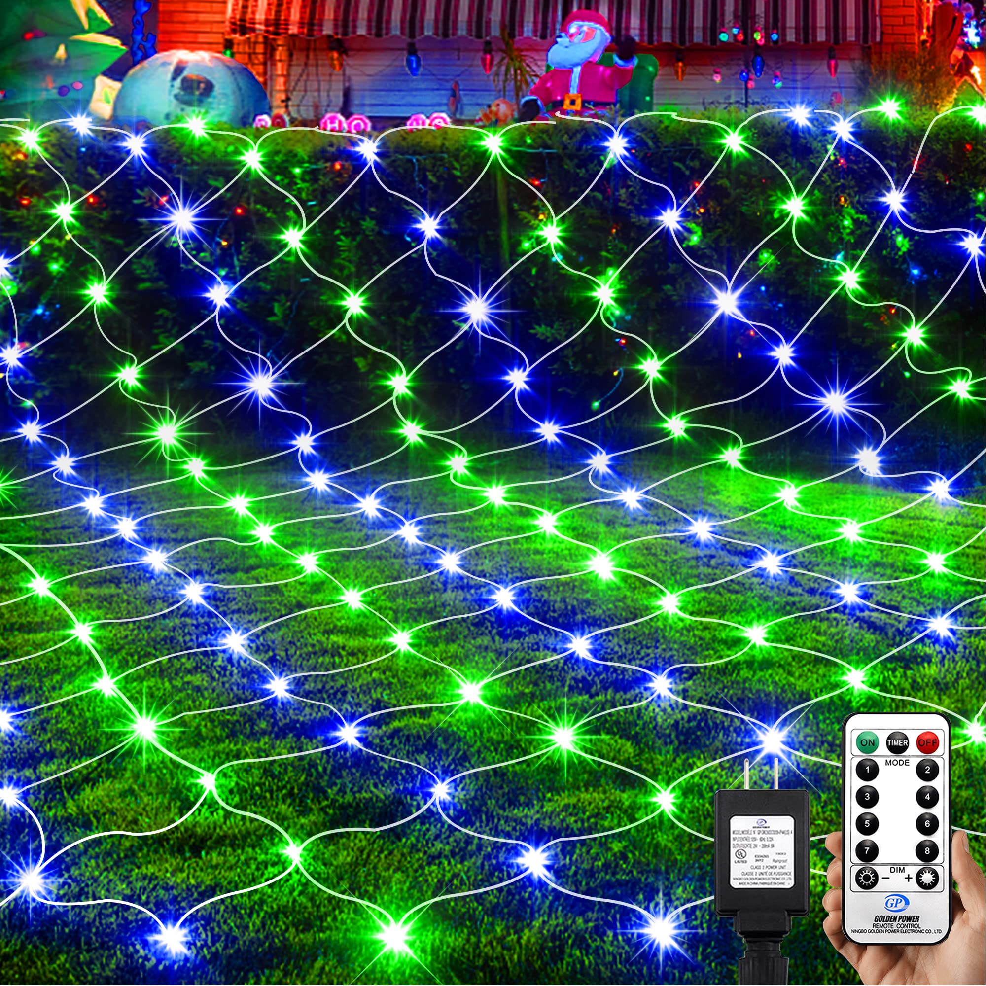 XURISEN 9.8ft x 6.6ft Christmas Net Lights,200 LED Mesh String Lights with Remote,8 Modes Connectable Net String Christmas Lights for Garden, Bushes, Wedding, Xmas Tree Decorations(Blue+Green)