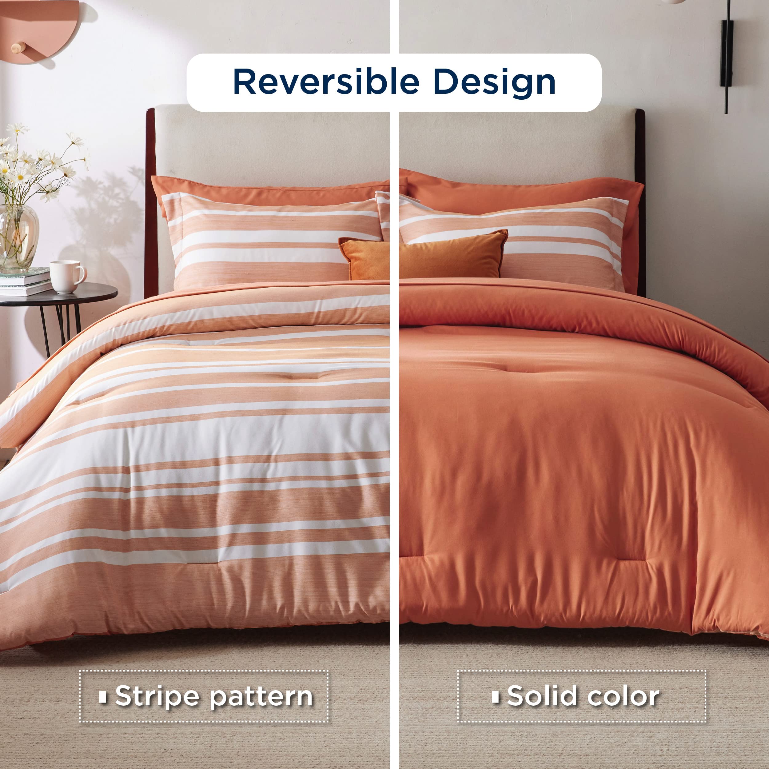 Bedsure Bed in a Bag Queen Size 7 Pieces, Burnt Orange White Striped Bedding Comforter Sets All Season Bed Set, 2 Pillow Shams, Flat Sheet, Fitted Sheet and 2 Pillowcases