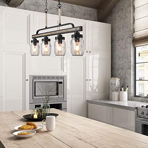 LOG BARN Rustic Mason Jar Lights, Farmhouse Chandelier Metal Finish with Glass Shades, Linear Hanging Pendant for Kitchen Island, Dining Room