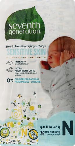 Seventh Generation Baby Diapers for Sensitive Skin, Animal Prints, Size 0 Newborn, 36 count