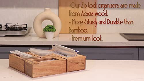 Lavaux Designs acacia wood Ziplock bag organizer Set of 4 boxes | Compatible with Ziploc, Solimo, Hefty, Glad for gallon, quart, sandwich bags & snack size ziplocks | kitchen organization and storage
