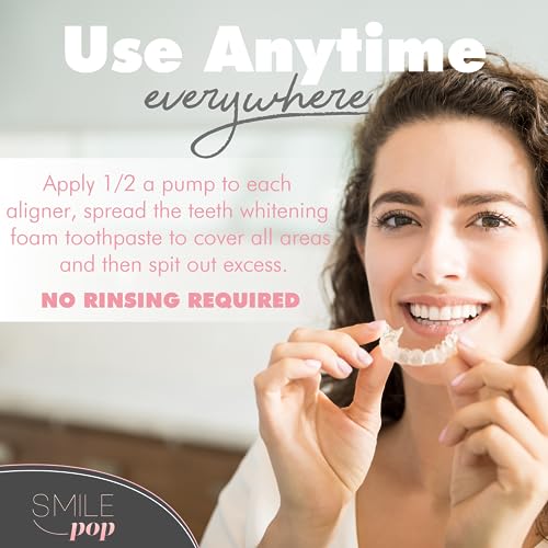 Smile Pop Mint Aligner Cleaner & Whitener Foam for Invisalign Cleaner, Dentures and Essix Trays. Retainer Cleaner Contains Hydrogen Peroxide, Fights against Bad Breath, Brightens teeth and Kills Germs