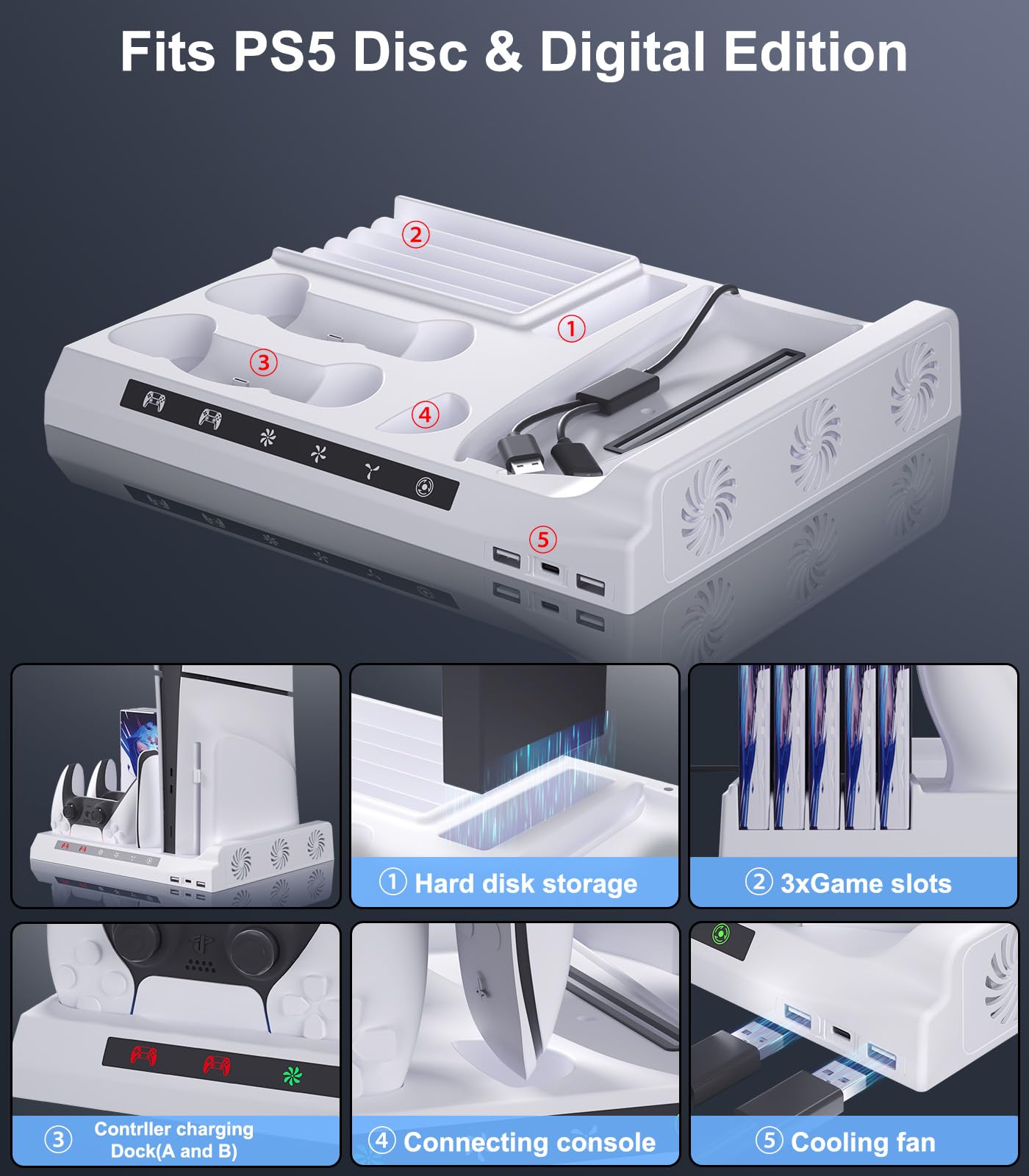 BGGUANG PS5 Slim Cooling Station,Charging Controller,Featuring Three Adjustable Cooling Fan,Compatible with Disc&Digital Editions,It's Playstation 5 Slim Ideal Accessories (grey)