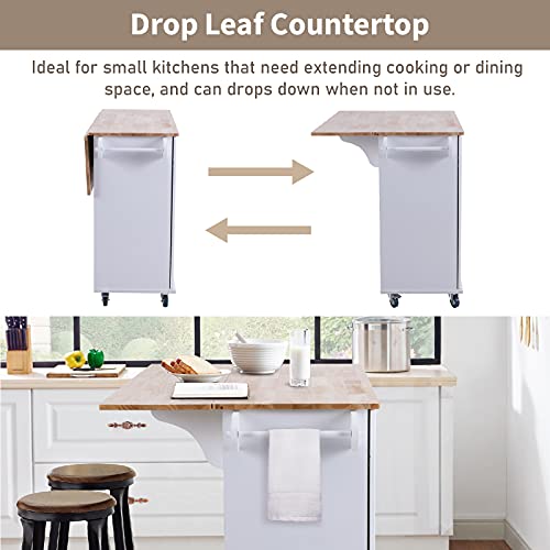 MAISON ARTS Storage Kitchen Island on Wheels with Drop Leaf Rolling Kitchen Cart with 2 Doors & 3 Drawers Rubber Wood Countertop, White