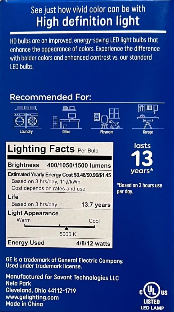 GE (2 Bulbs) Refresh LED A19 3-Way Light Bulb, Energetic Daylight 5000K, 30-70-100w Equivalent Using only 4-8-12w, 400/1050/1500 lumens, HD Light- Enhanced Color Contrast and Boldness LED 3 Way Bulb