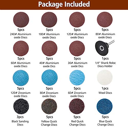 DRILLPRO 70Pcs Sanding Discs Set, 2 inch Quick Change Discs with 1/4 inch Holder, Surface Conditioning Discs for Die Grinder Surface Strip Grind Polish Burr Finish Rust Paint Removal(Updated)