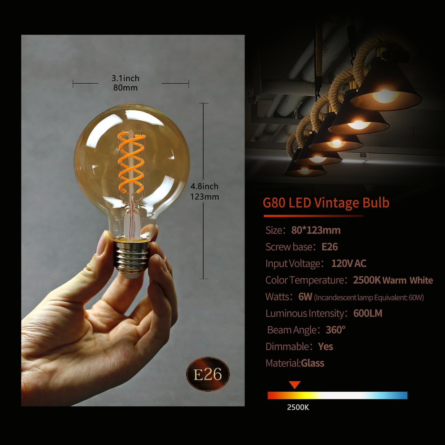 G25 LED Globe Light Bulbs, Antique Flexible Spiral LED Filament Light Bulb, Vintage LED Edison Bulb,4 Pack, Warm White 2500K,6W Equivalent to 60W, 600LM,Dimmable with 80+ CRI,E26 Base, Amber Glass