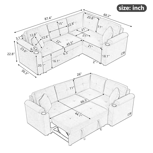 FANYE L-Shape Plush Tufted Upholstered Sleeper Sectional Sofa Convertible Sleep Sofabed W/Pull Out Couch Bed,Cupholders,USB Charging Ports and Power Sockets for Living Room