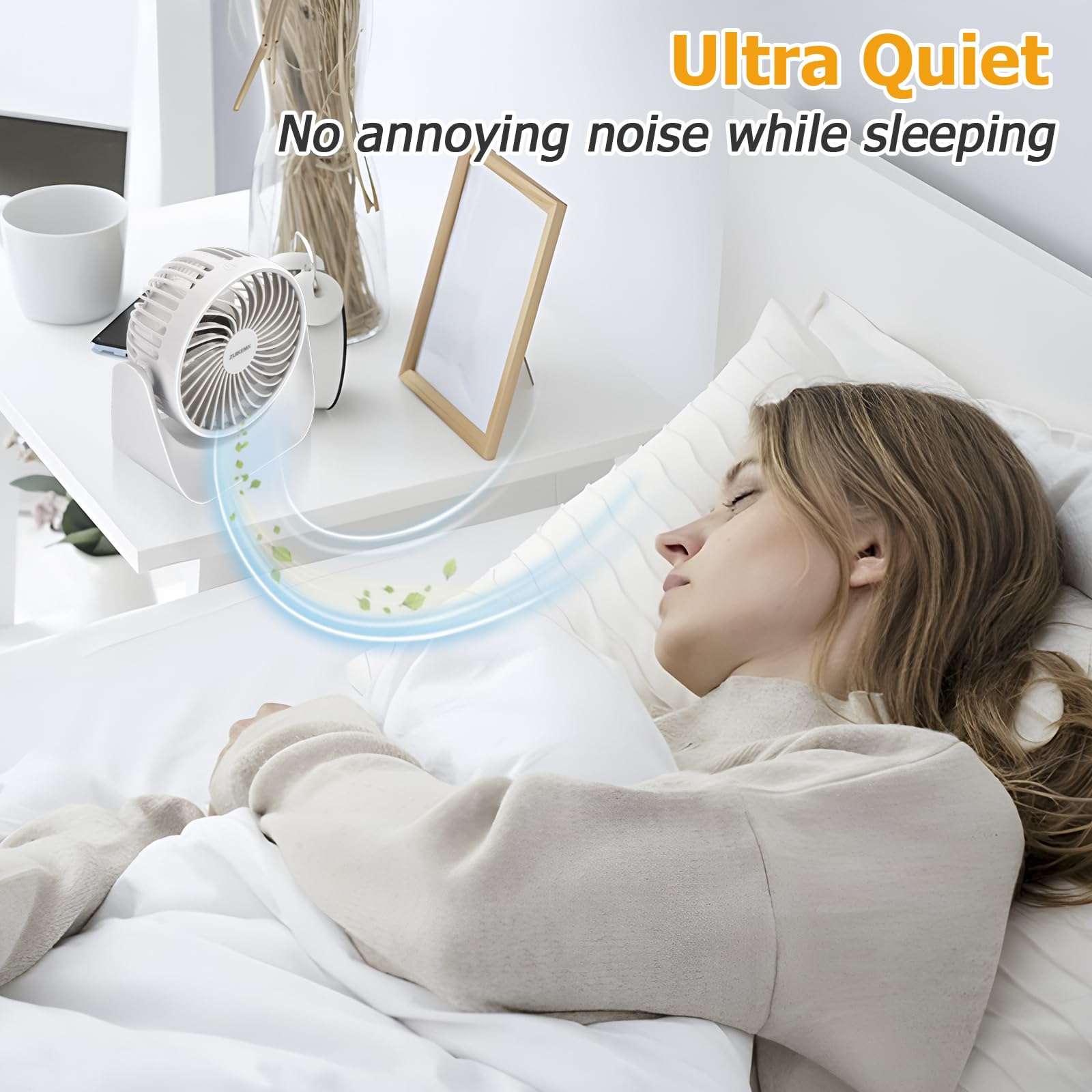Desk Fan with Strong Airflow, 6.8 Inch Quiet Small Portable Table Fan, Brushless motor, 3 Speed Settings, 360° Adjustable Tilt Head, Rechargeable, Battery Powered Fan for Home or Office, Travel