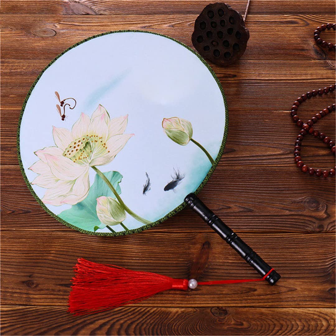 Chinese Japanese Style Female Round Fans Classical Dance Fan Handheld Circular Vintage Fan with Tassel Pendant