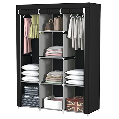 GHQME Fabric Wardrobe Portable Clothes Closet Storage Organizer with Compartments and Rods (Black Without Drawer, 49.2” x 17.3” x 63.8”)