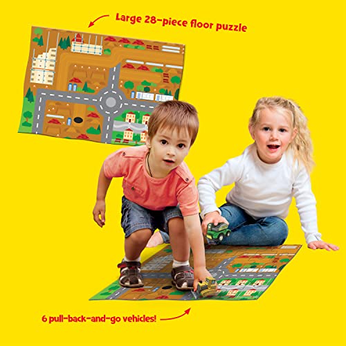 Hinkler Pull-back-and-go: Construction - 28-piece Floor Puzzle - Play Mat - Coloring and Activity Book - 6 Pull and Go Cars - Activity Set for Kids Aged 3 to 6