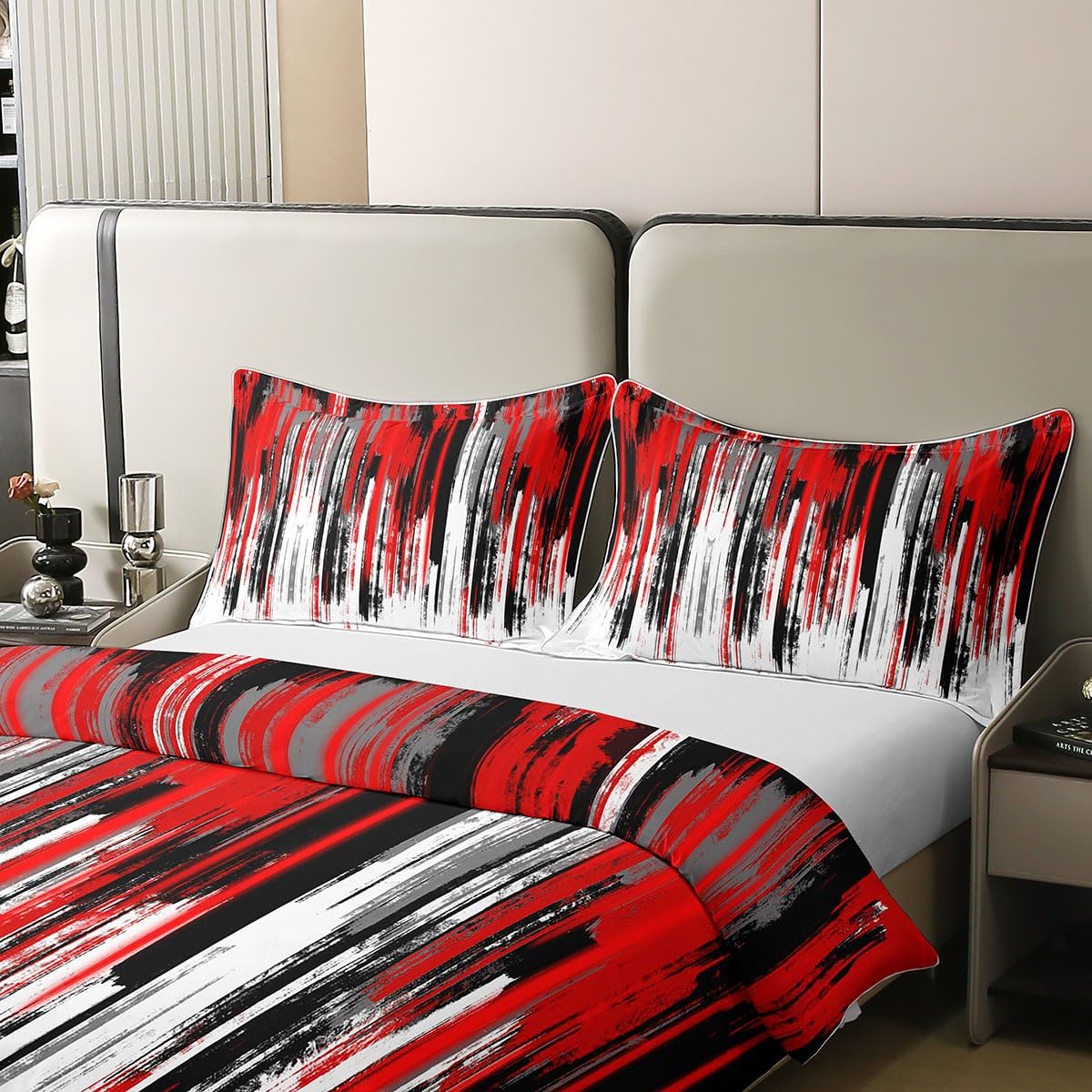 Feelyou Red White Black Bedding Duvet Cover 100% Cotton Set Stripes Reversible Bedding Set Geometric Comforter Cover Set for Room Decor Modern Abstract Art Bedspread Cover Twin Size With 1 Pillow Case