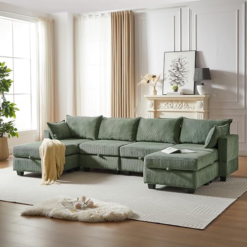 FANYE L/U-Shaped Oversized Free Combination Modular Storage Sectional Sofa Soft Corduroy Upholstered Deep Seat Sofa&Couch Convertible Sleeper Couch Bed W/2 Pillows for Living Room