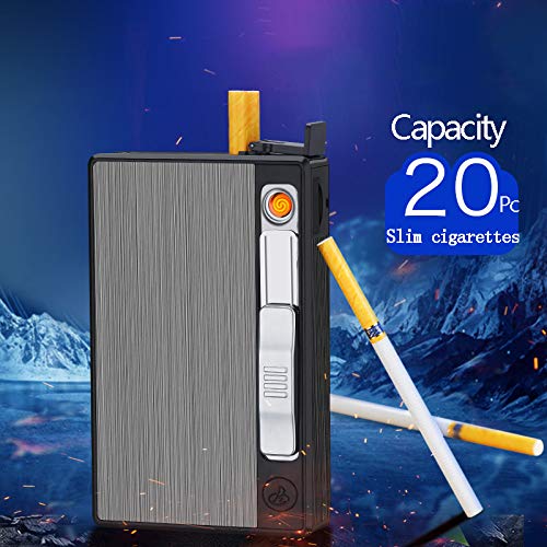 Cigarette Case Cigarette Holder Cigarette Box with Electric Lighter Rechargeable,Automatic Ejection Holder with Dual Arc Lighter,Full Pack 20pcs Slim Cigarettes,Flameless,Windproof (Silver)