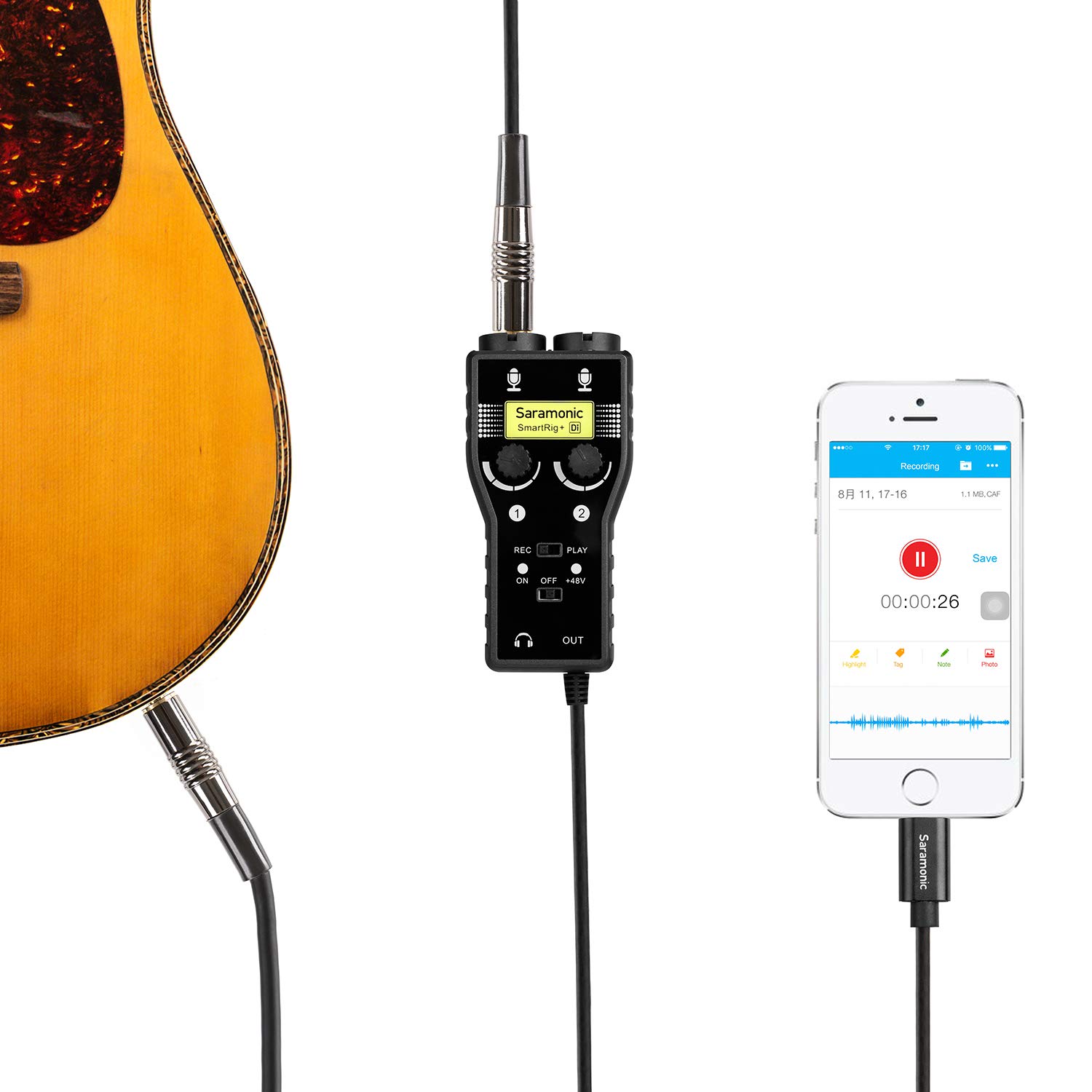 Saramonic 2-Channel XLR & 6.35mm Guitar Audio Interface SmartRig+ Di Lightning Connector Compatible with iPhone 7 8 X, iPad, iPod, iOS Smartphones Tablets
