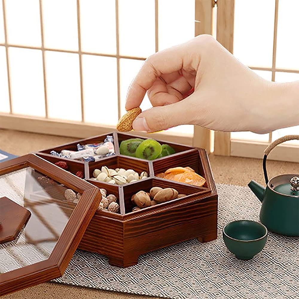 CRUHRE Decorative Fruit Basket Wooden Candy Box With Lid Nut Dried Fruit Display Plate Tray Snacks Box Storage Organizer For Home Party Fruit Bowl