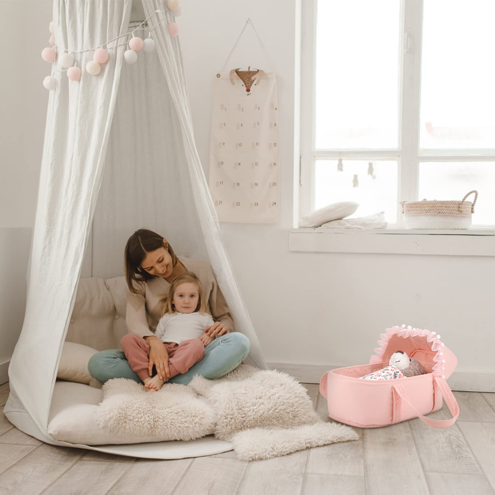 GAGAKU Baby Doll Bassinet, Doll Carrier Doll Carry Cot Set with Canopy and Pillow Blanket for 9 10 11 12 Inch Dolls Stuffed Animals - Pink