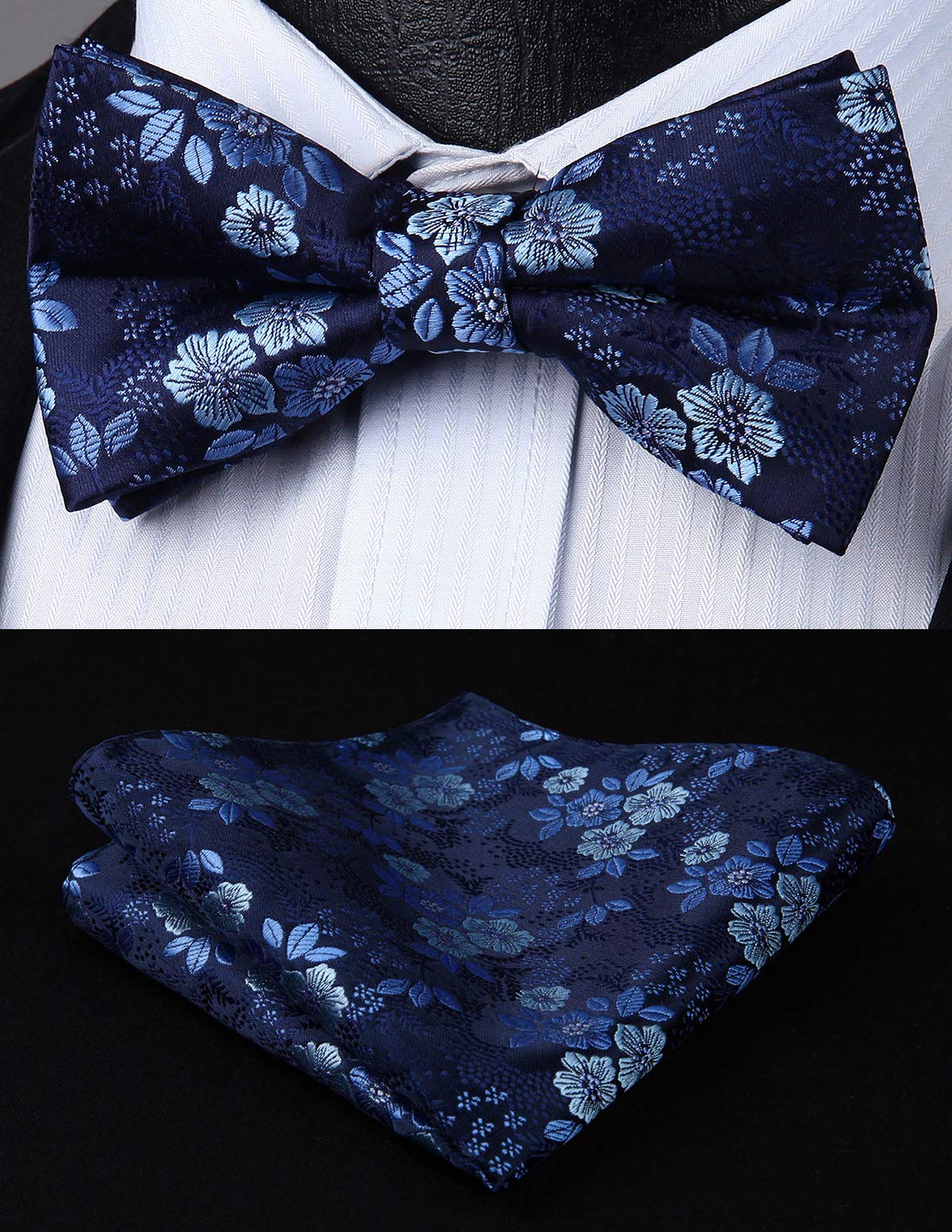 Bow Ties for Men Blue Pre-tied Black Paisley Bow Ties and Pocket Square Set Formal Men's Floral Classic Bowties for Wedding Party