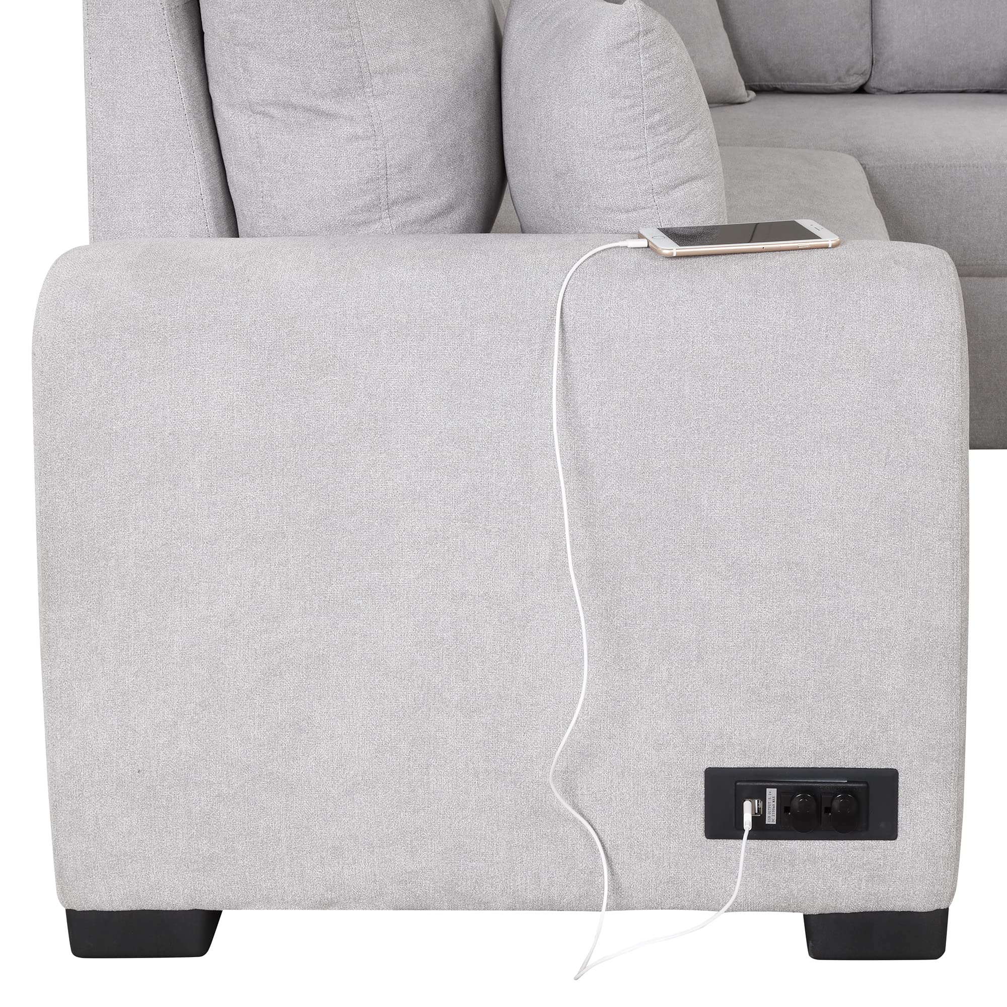 FANYE Pull-Out Sleeper Sofa Bed,L-Shaped Reversible Modular Sectional Couch Convertible Corner Sofá,4-Seat Chenille Upholstery Couches Chaise Lounge Sofacama with USB Ports,Plug Outlet and 3 Pillows