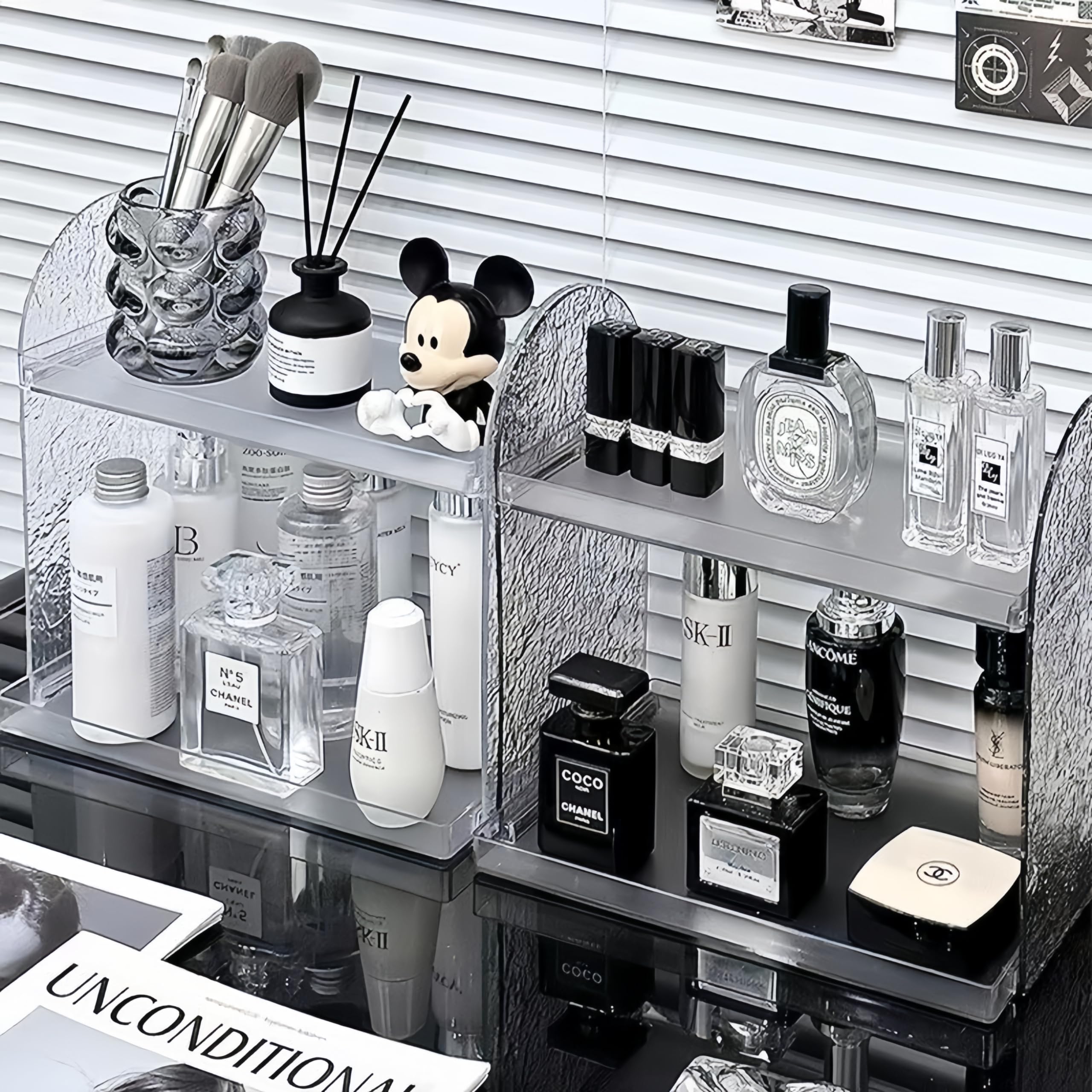 Elivida Perfume Organizer 2 Tier Makeup Organizer Acrylic Bathroom Counter Organizer Vanity Skincare Storage Shelf Modern Cosmetics Holder Shelf, Clear White