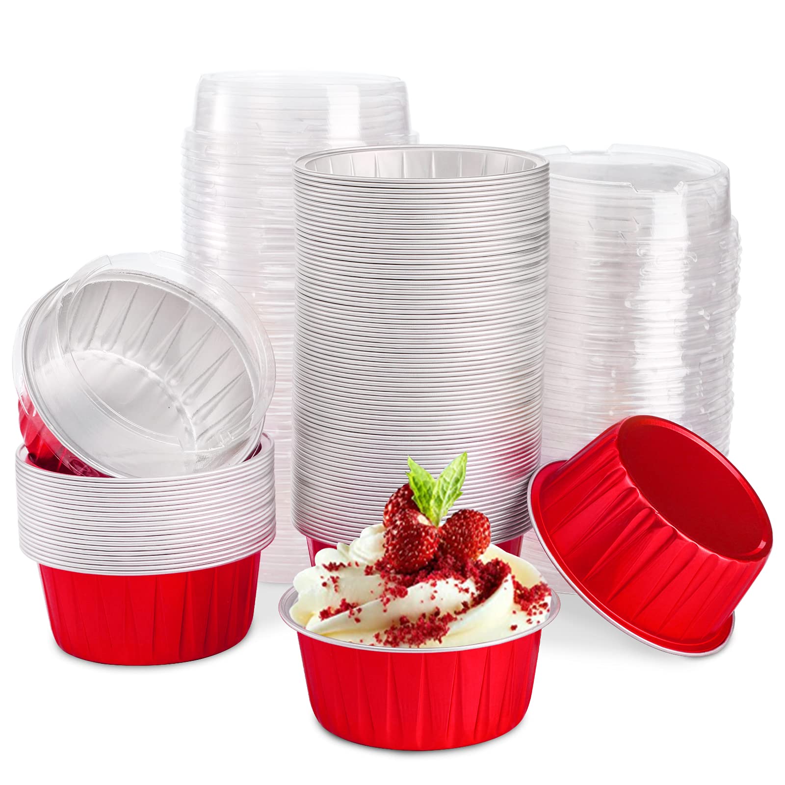 DEAYOU 100 Pack Aluminum Foil Ramekins with Lids, 5oz Muffin Cupcake Baking Liners Cups, 3" Round Disposable Recyclable Tart Pie Tin Pan Holder for Pudding, Party, Wedding, Oven Freezer Safe, Red